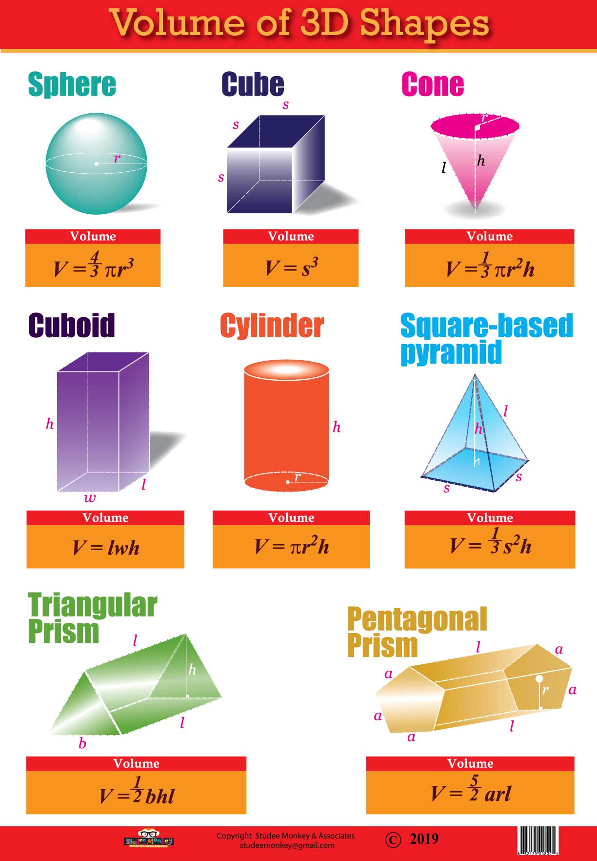 Volume Of 3D Shapes Chart / Poster / Teaching Aid [Size: 18" X 24 ...