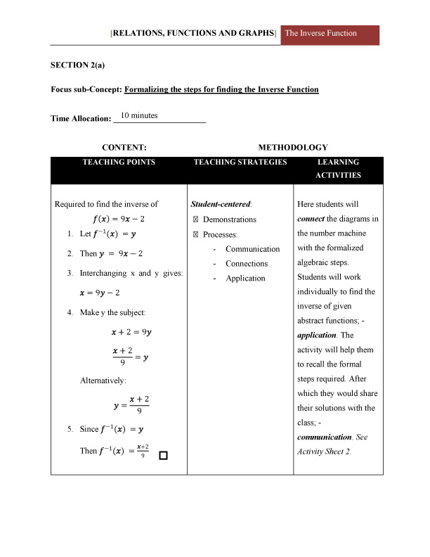 Lesson Plan - Inverse Functions - Studeemonkey