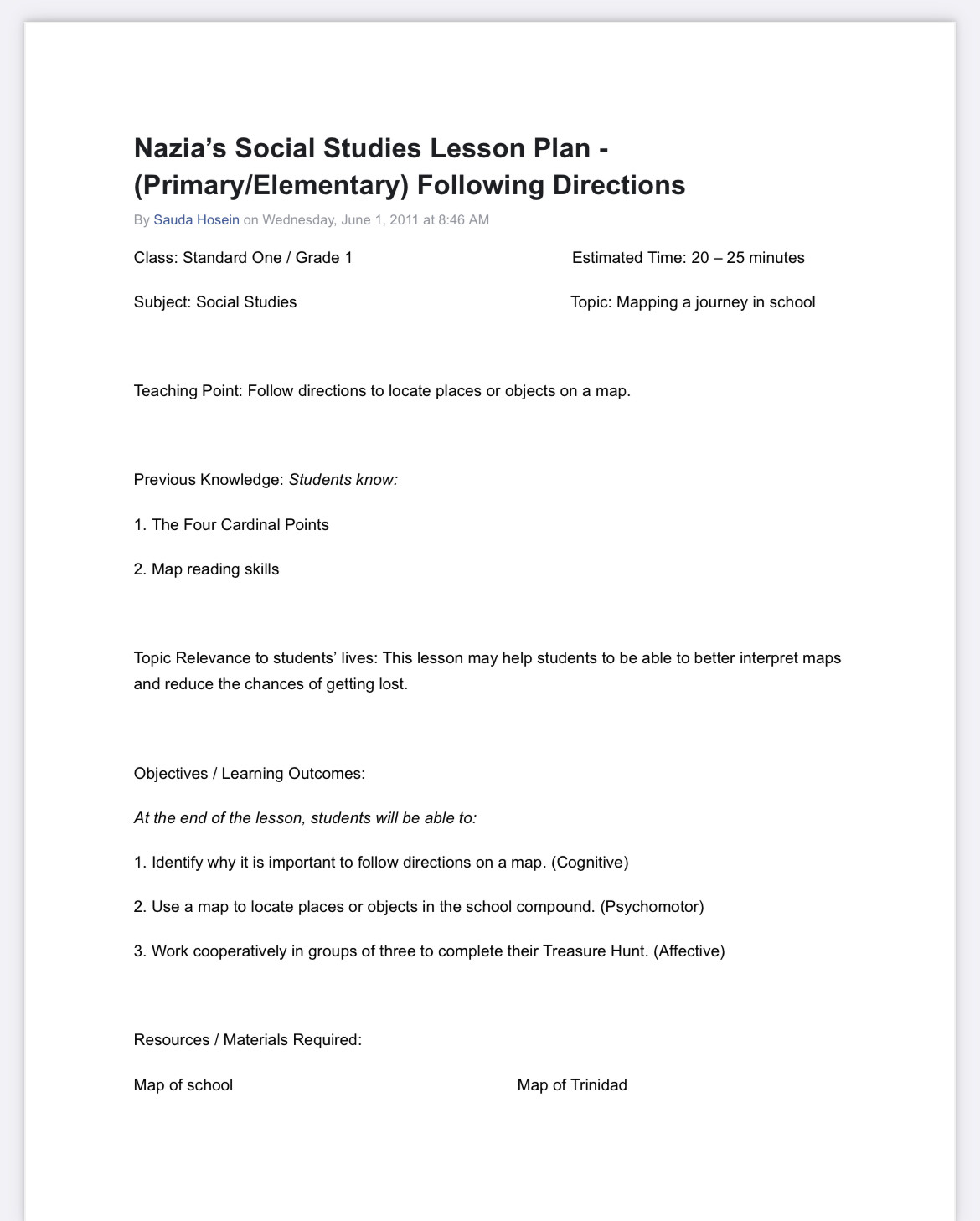 Lesson Plan - Nazia’s Social Studies Lesson Plan - (Primary/Elementary ...